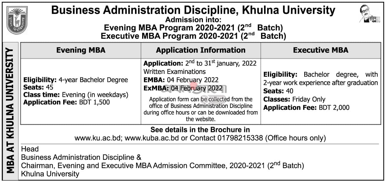 KU Admission circular for Evening and Executive MBA Program
