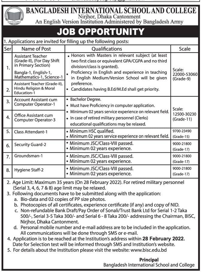 Job circular for Bangladesh International School and College