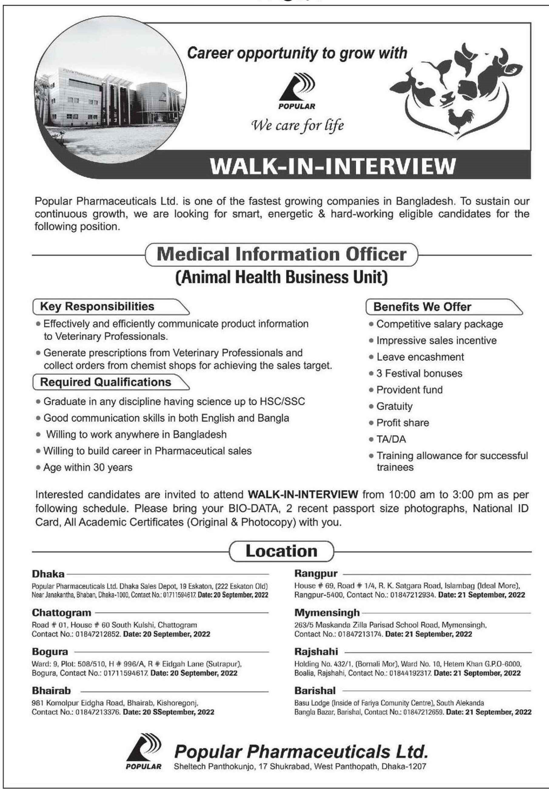 Popular Pharma job circular in sells and marketing