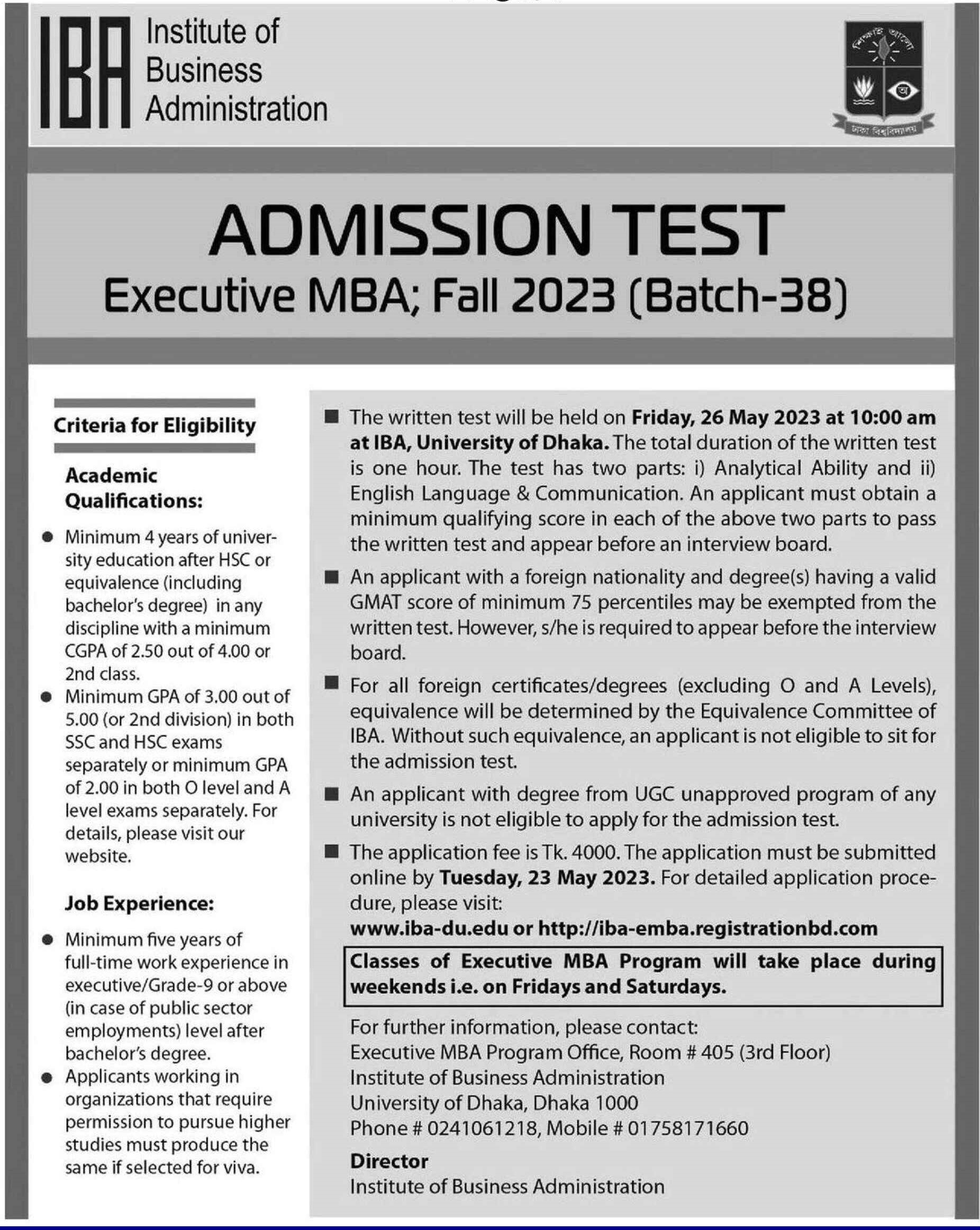 DU Evening MBA Admission Circular DU Executive MBA Program